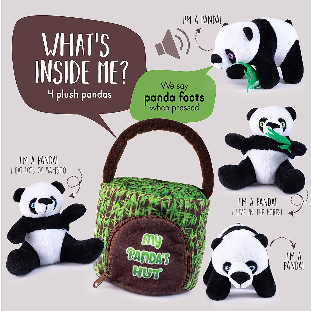 My Talking Plush Panda’s Hut Plush Toy Set | Includes 4 Talking Soft Plush Pandas | with A Plush Panda Hut Shaped Carrier | Great Gift for Baby and Toddler Boys or Girls
