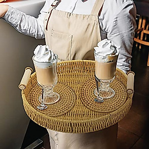 5 Pcs Boho Farmhouse Coffee Table Decor Set 1 Coffee Table Decorative Tray 11 Inch Wicker Serving Tray with Handles Round Rattan Tray Basket 2 Wood Bead Garland with Tassels 2 Rattan Coasters for Home