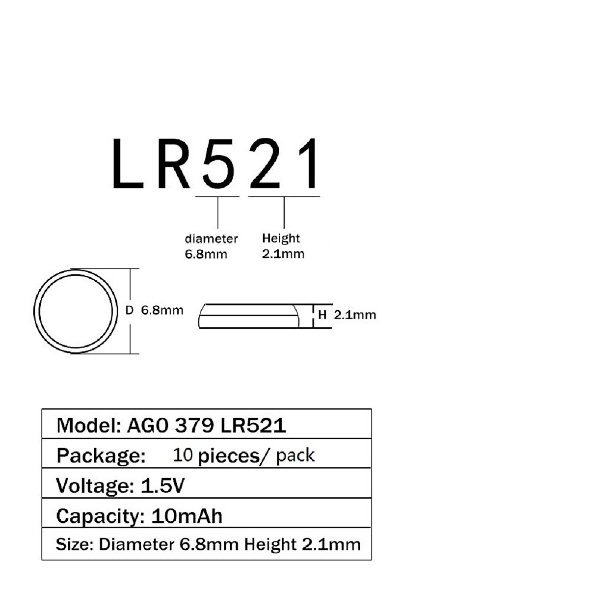 Cotchear 10pcs AG0 Coin Battery LR521 379 Button Cell Coin Alkaline Battery 1.5V for Watches Toys No Mercury