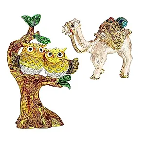 Hand Painted Enameled Pair of Yellow Owl Sitting on BranchAnd Cute Camel Animal Trinket Jewelry Box