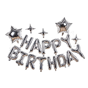 23pcs Birthday Balloons Banner, 3D Silver Premium Mylar Foil Ecofriendly Letter Happy Birthday Banner with 5pcs Star Balloons Kits for Kids Boys Men Adults Birthday Party Decorations US7SS