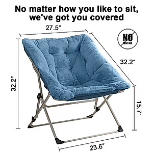OAKHAM Comfy Saucer Chair for Adults, Soft Faux Fur Folding Lounge Chair for Bedroom Living Room Dorm Rooms Flexible Reading Chair for Teens Kids, X-Large Foldable Chair (Faux Fur-Blue)