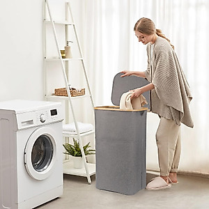 Guzon 100L Laundry Hamper with Lid, Clothes Hampers for Laundry with Bamboo Handles，Large Laundry Basket with Removable Inner Bags for Bedroom, Bathroom and Laundry Room, Dirty Clothes Basket, Grey