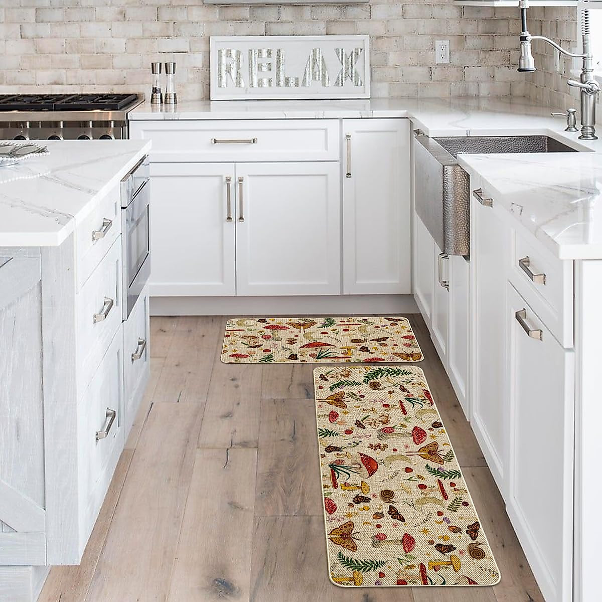 Artoid Mode Mushrooms Butterfly Spring Kitchen Mats Set of 2, Home Decor Low-Profile Kitchen Rugs for Floor - 17x29 and 17x47 Inch