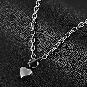 HZMAN Women Stainless Steel Heart Pendant Chunky Cuban Chain Link Toggle Clasp Necklace