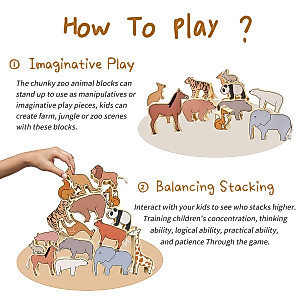 Xylolin Wooden Zoo Animal Blocks Stacking and Balancing Toy, Toddler Wood Animal Figures Blocks Imaginative Play, Preschool Educational Toys and Stack Balance Games for Kids