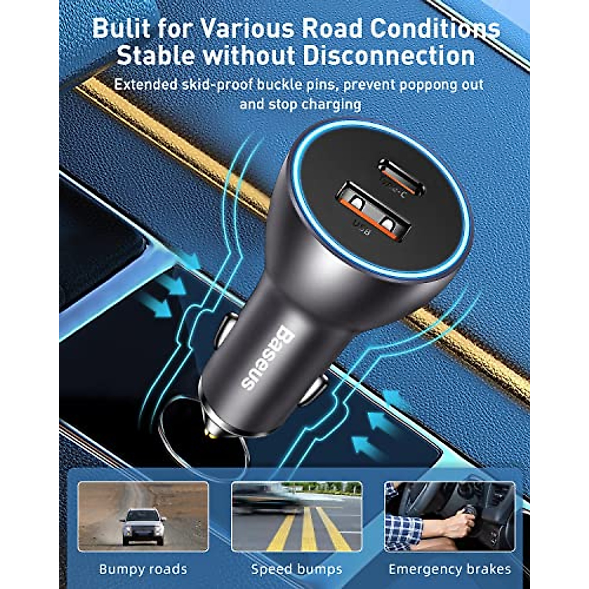 Baseus USB C Car Charger, 60W PPS QC3.0&PD3.0 PD27W Type C Car Charger, Dual Port Independent Fast Charging Phone Car Charger for iPhone 14/13/12/11Pro Max XS X, Samsung S22/S21 Ultra, iPad Pro/Air