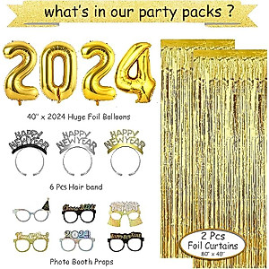 2024 Happy New Year Party Supplies, Foil Balloons Set, Happy New Year Banner, Latex Balloons, Curtains, Paper Pompoms for Home Outdoor Decor New Years Eve Party Supplies 2024, Black and Gold