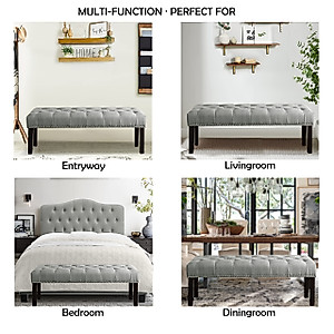Rosevera Almaraz Linen Upholstered Bench with Silver Nailhead and Button Tufting for Bedroom and Living Room, Small, Gray