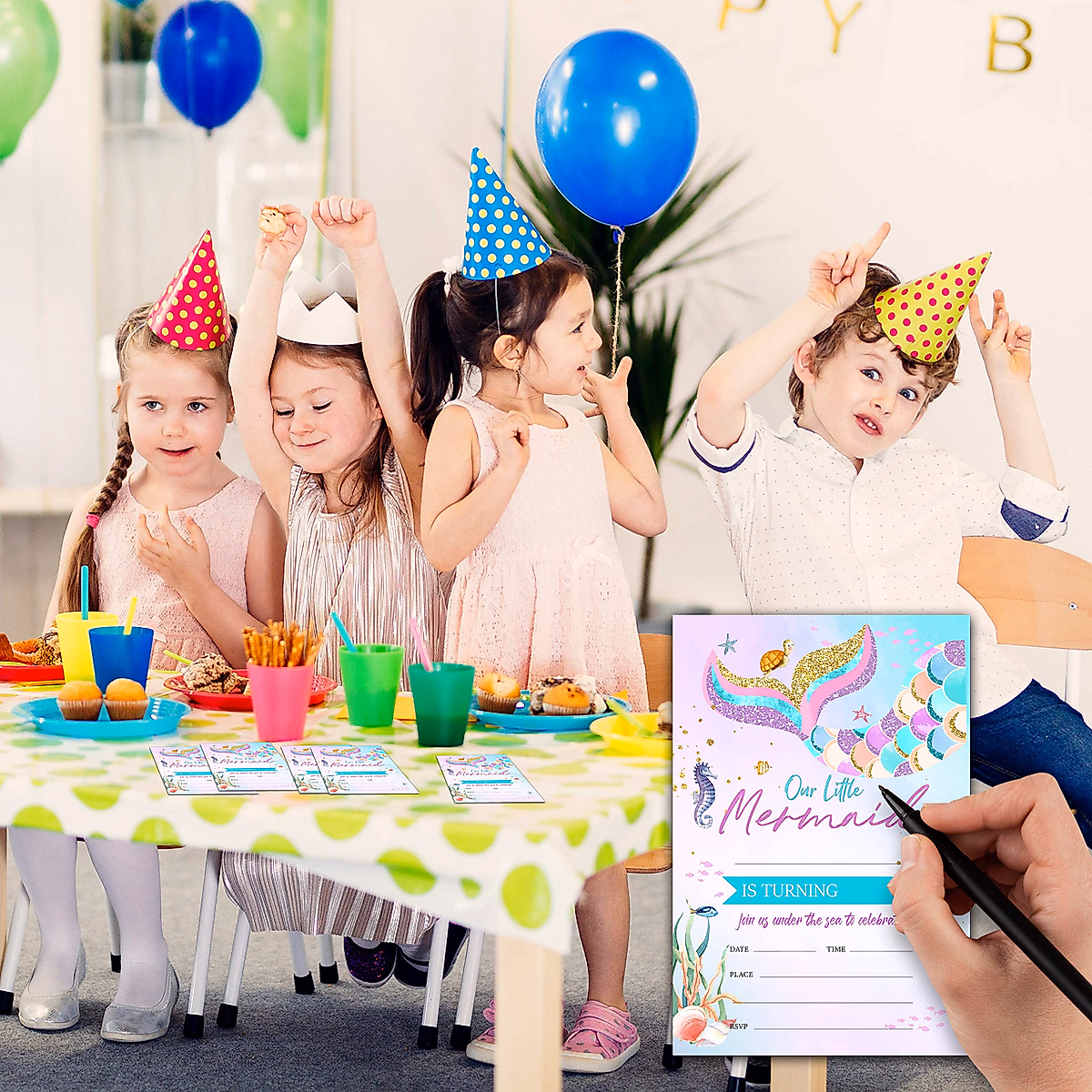 Buildinest Mermaid Birthday Party Invitations with Envelopes (20-Pack), 4"x6" Under the Sea Birthday Invitation Cards, Fill-in Style Party Invites-B40