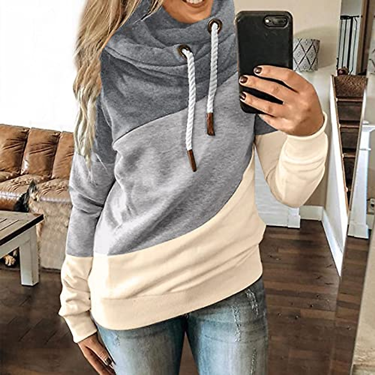 Women Hoodies Cowl Neck Color Block Long Sleeve Sweatshirts Casual Fit Drawtsring Camouflage Pullover Tops Blouse