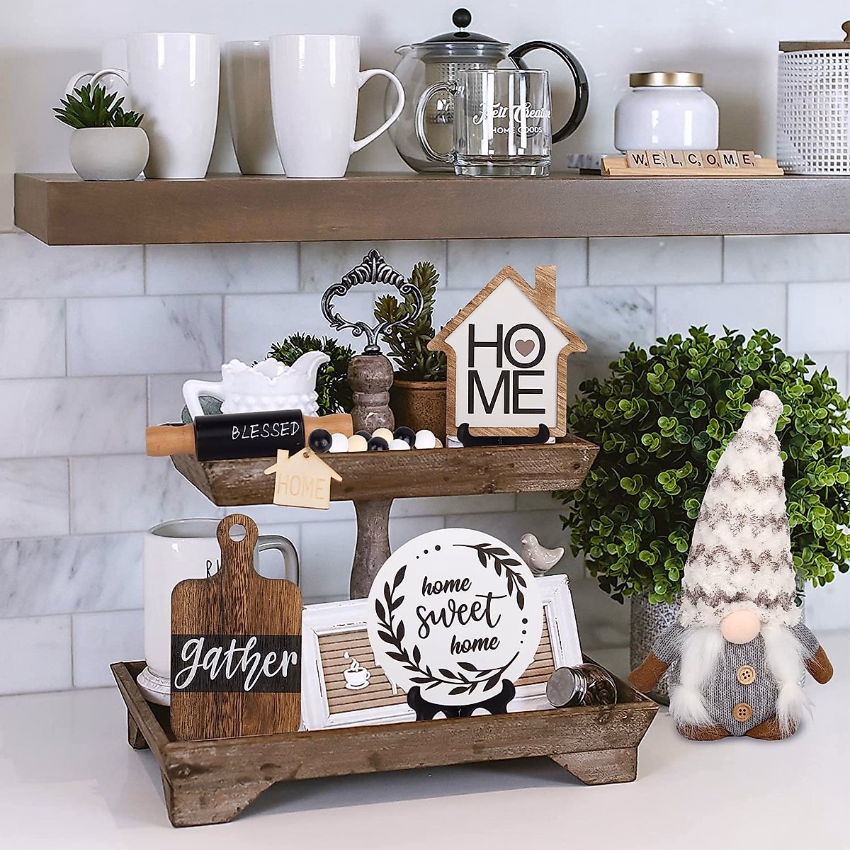 6 Pieces Farmhouse Tiered Tray Decor Items Gnomes Plush Home Sweet Home Decor Mini Signs Rolling Pin Wood Beads Garland Tiered Tray Decorations Set for Spring Summer Home Kitchen Shelf