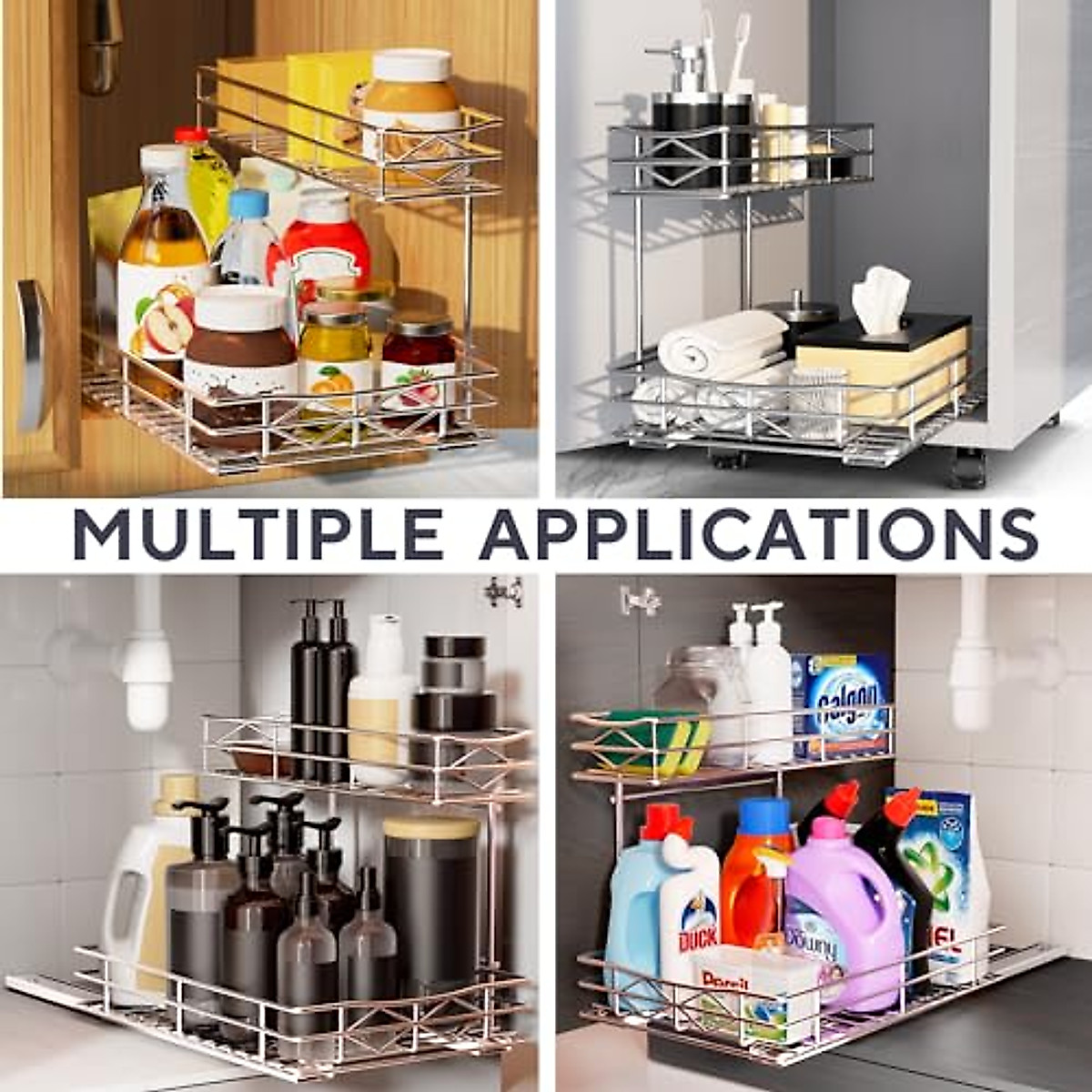 KOMFORA Cabinet Pull Out Organizer Shelves - 2-Tier Kitchen Under Sink Organizer - Heavy-Duty Cabinet Slide Out Drawer - Perfect Under Counter Organizer and Storage To Save Space