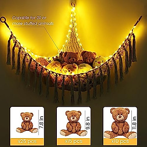 Stuffed Animal Hammock with LED Lights, 11.8Ft 75LEDs Preinstalled Toy Storage Macrame Hammock, Hanging Toy Nets for Kids Bedroom Nursery Doll Room Corner Organizer Hammock with Remote 8 Modes-White