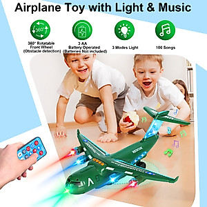 Airplane Toy, LiveGo Bump and Go Electric Detachable Plane Toys with LED Flashing Light Music Remote Control Battery Operated for Kids Boys Girls Toddler Travel 3-7 Year Old Birthday Gift, Green