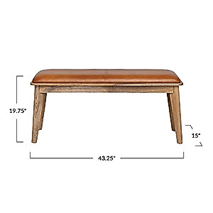 Bloomingville Mango Wood and Leather Upholstered Bench, Natural and Camel Seating, 43" L x 15" W x 20" H, Natural & Brown