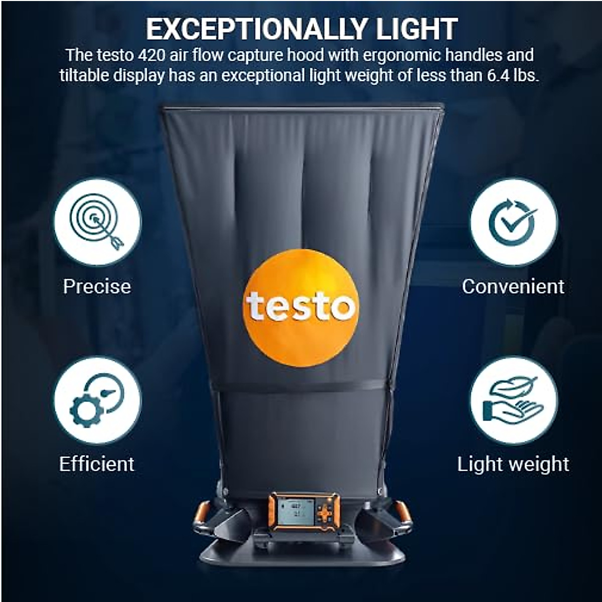 Testo 420 Flow Hood – Air Flow Meter for Airflow, air velocity, volume flow, temperature, and relative humidity – HVAC Air Flow Meter CFM with Tiltable Display, Bluetooth, and App Compatibility