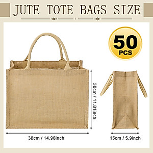 Sanwuta 50 Pcs Burlap Tote Bag Bulk Jute Tote Bags with Laminated Reusable Summer Tote Blank for Mother Teacher DIY Bridesmaid Wedding Shopping Beach, 14.96 x 11.81 x 5.91 Inch