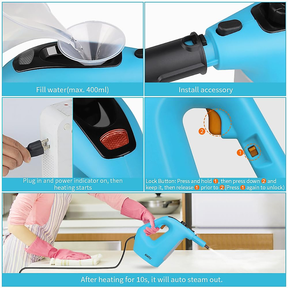 Upholstery Steam Cleaner, Handheld Steamer for Cleaning, Steam Cleaner with Continuous Steam Lock, 120℃ Pressurized Steam for Couch, Furniture, Grout, Tile, Add Water Anytime, Save Time and Effort