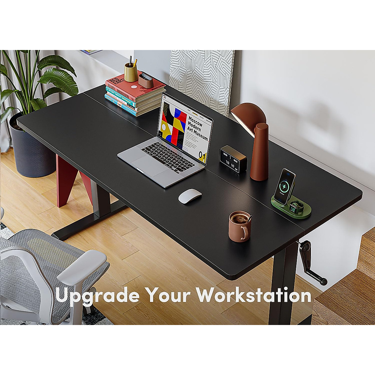 FEZIBO Crank Height Adjustable Desk, 48 Inches Manual Standing Desk, Writing Table with Handle, Home Office Desk with Black Frame/Black Table Top