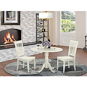 East West Furniture Dublin 3 Piece Dinette Set for Small Spaces Contains a Round Table with Dropleaf and 2 Dining Room Chairs, 42x42 Inch, Linen White