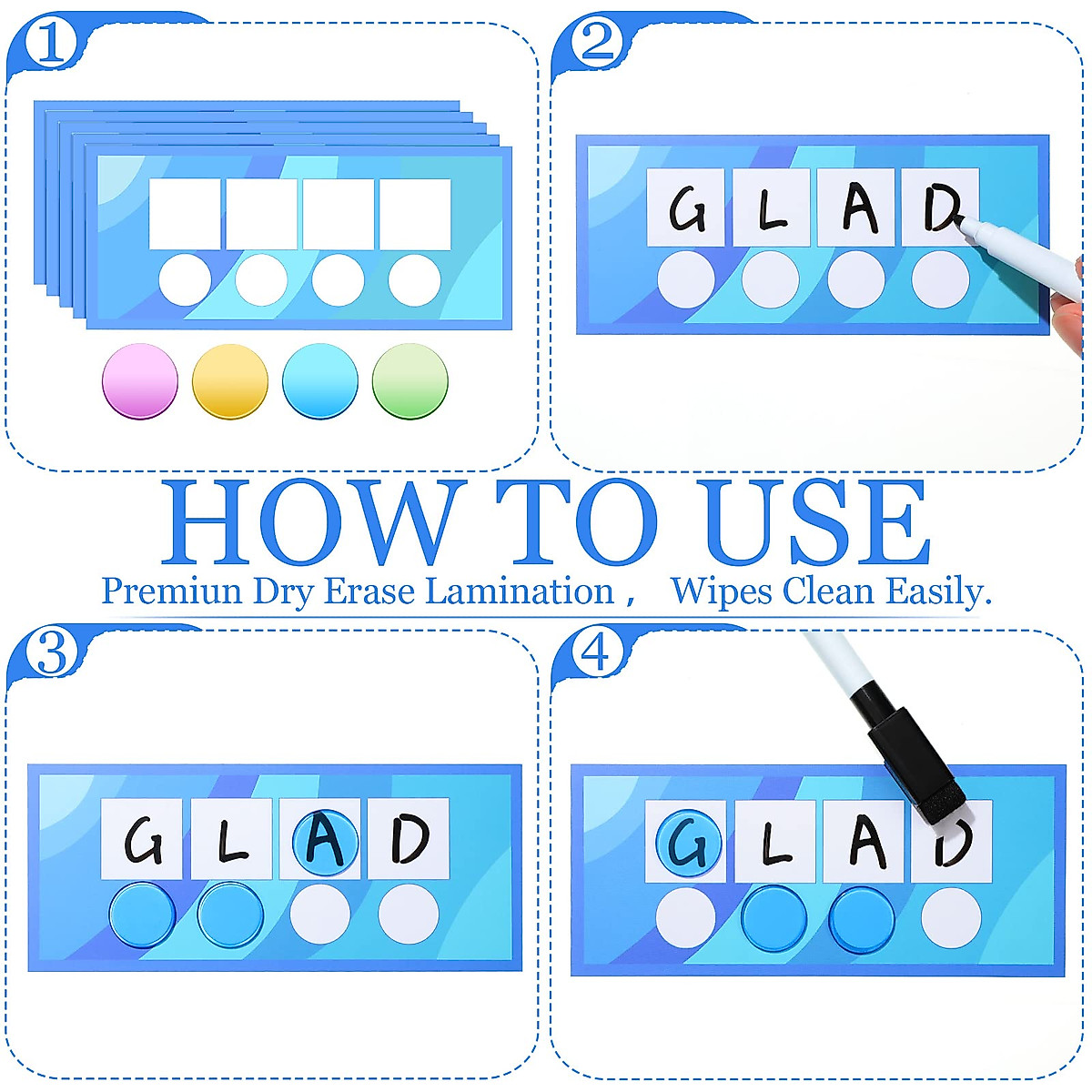 40 Pcs Sound Box Mats and Chips Cardboard Dry Erase Mats 100 Pcs 0.75 Inch Colorful Plastic Chips Phonemic Awareness Phonics Games Reading Games 2 Pcs Markers with Eraser Cap for School Office Home