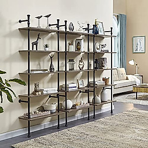 Realyoo Wall Mounted Bookshelf, 5 Tier Industrial Open Vintage Bookcase, Rustic Wood and Metal Book Shelf, Tall Modern Book Case for Office Home Living Room Bedroom - Oak Gray