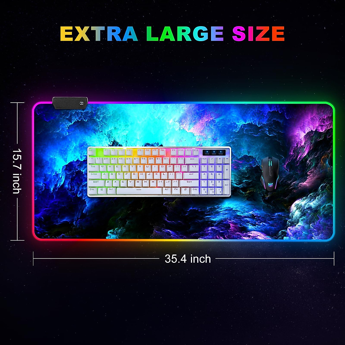 ARTSO RGB Gaming Mouse Pad Large, Extended LED Mouse Mat XXL 35.4x15.7 inch, 14 Lighting Modes, 2 Brightness, Non-Slip Rubber Base Mousepad Waterproof Keyboard Mat,Fantasy Nebula Sky