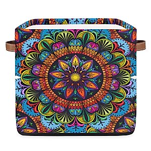 Mandala Floral Storage Basket Collapsible Fabric Storage Box 13x13x13 Inches Square Cube Storage Bins with Handles for Home Living Room Closet Shelf Office Bedroom
