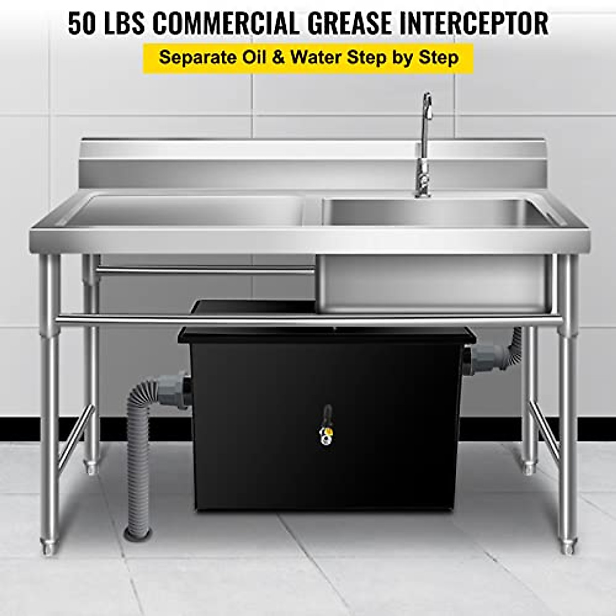 VEVOR Commercial Grease Interceptor 50 LB, Carbon Steel Grease Trap 25 GPM, Grease Interceptor Trap with Side Water Inlet, Under Sink Grease Trap for Restaurant Canteen Factory Home Kitchen