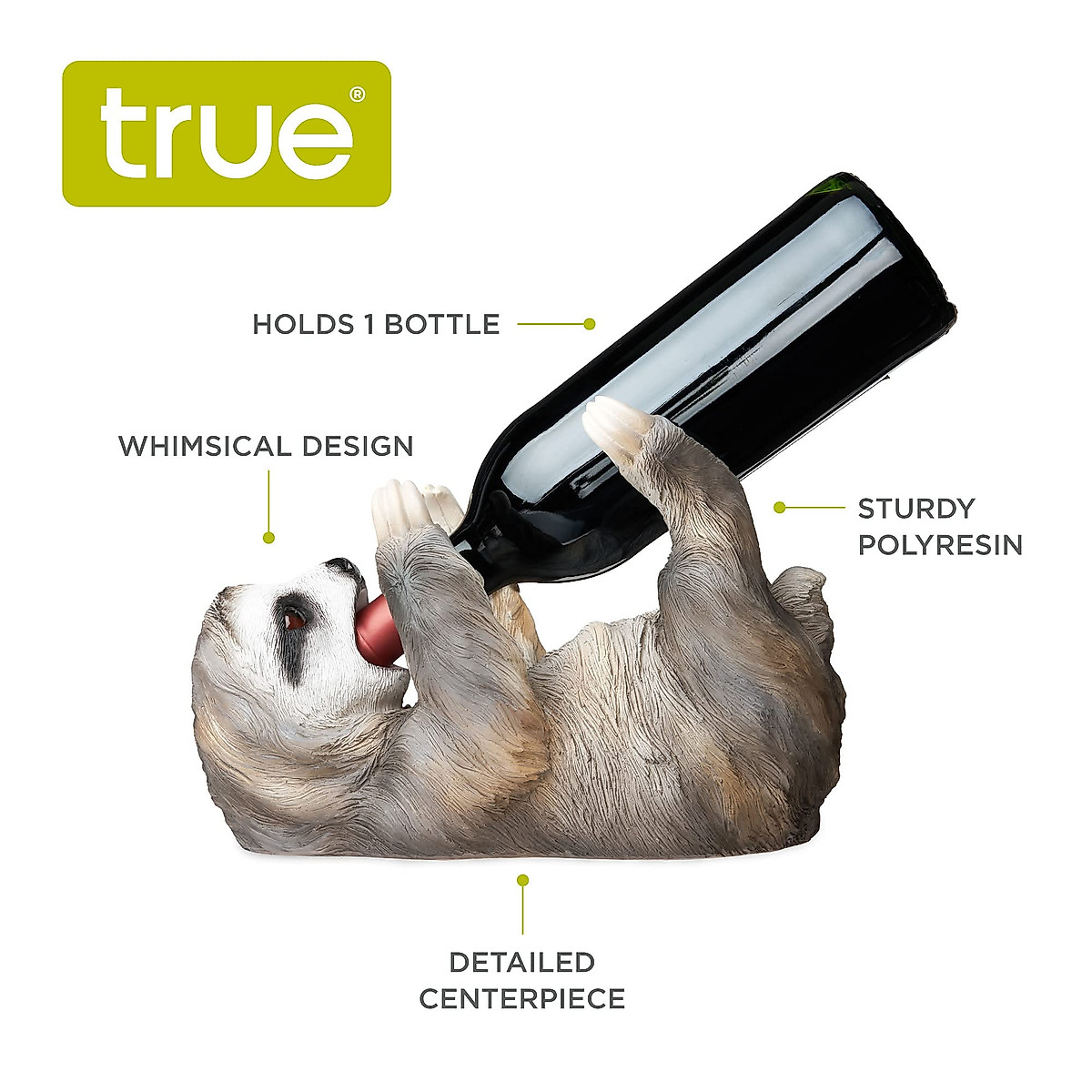 True Sloth Polyresin Wine Bottle Holder, Felt Base, Set of 1, Grey, Holds 1 Standard Wine Bottle, Novelty Wine Decor