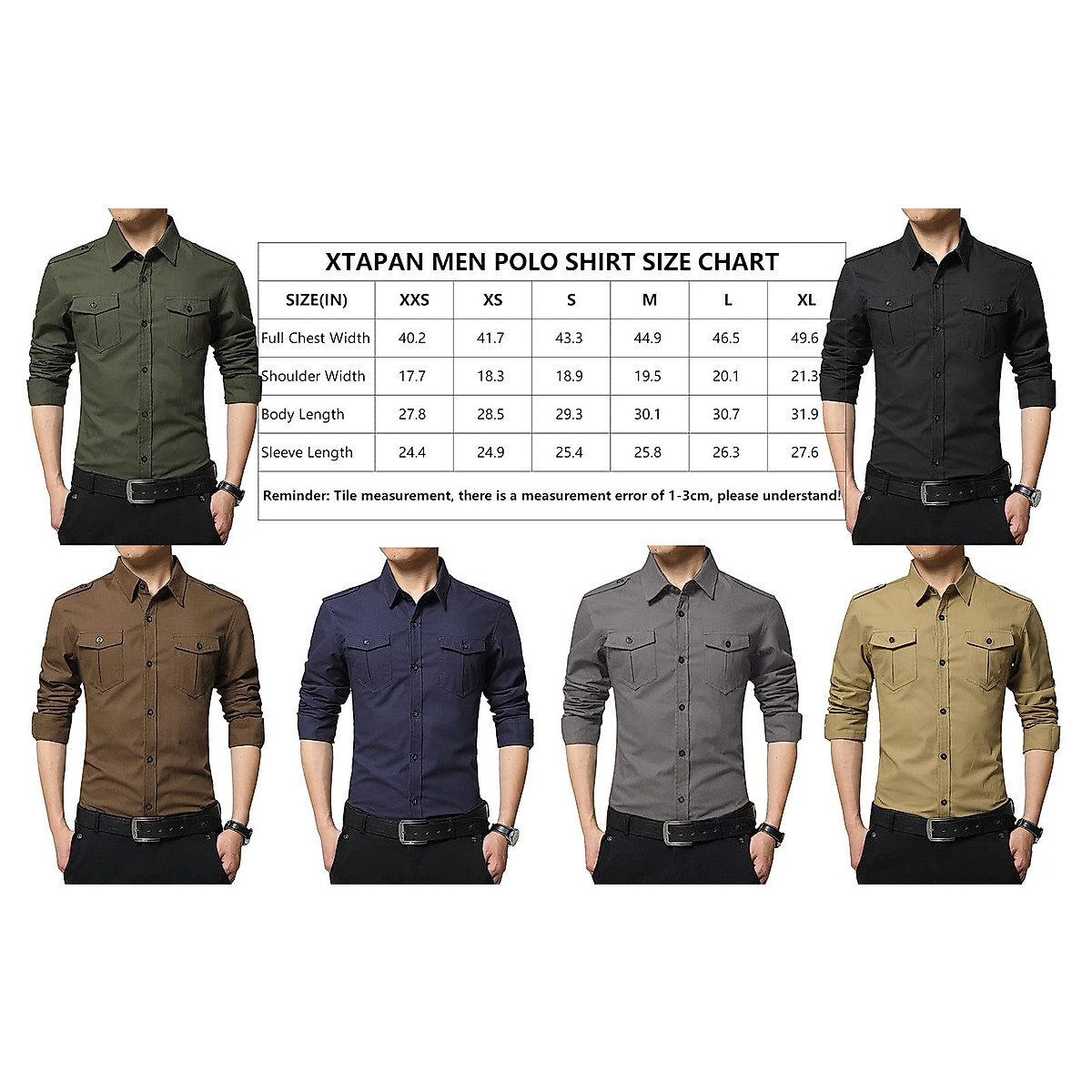 XTAPAN Men's Long Sleeve Casual Slim Fit Button Down Dress Shirt with Two Pockets Asian 5XL=US XL Army Green 6620