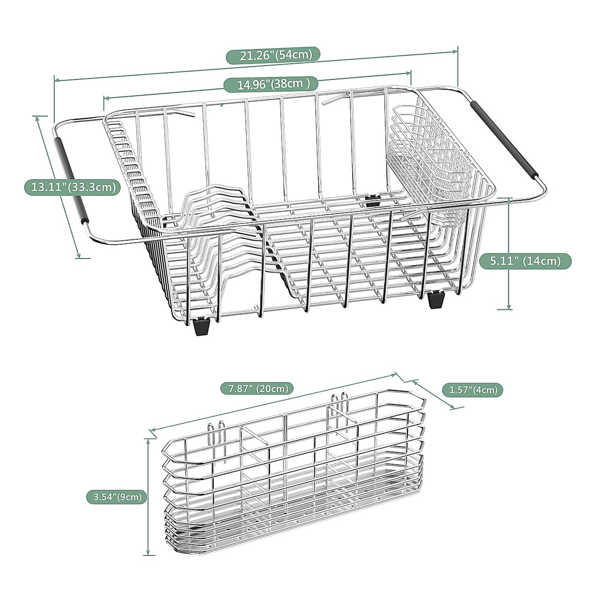 JAQ Dish Drying Rack in-Sink, 304 Stainless Steel Dish Drainer with Stainless Steel Silverware Holder Over Inside Sink-Adjustable 14.96" to 20.59" Maximium 13 Upright Dishes