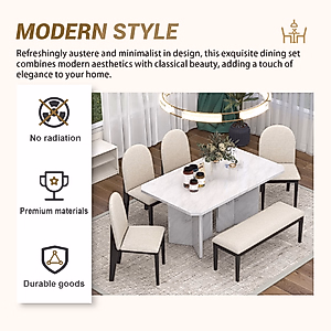 BIADNBZ 6-Piece Dining Table Set for 6 with Faux Marble Tabletop and 4 Upholstered Dining&Chairs & 1 Bench for Kitchen Funiture,Family, 36.1 inch, White