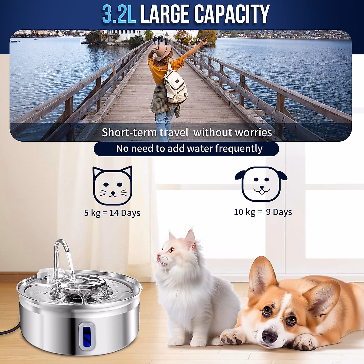 SlowTon Cat Water Fountain Stainless Steel - 3.2L/108oz Large Quite Pet Fountain, Automatic Cat Fountain Dog Water Dispenser with Water Level Window and Replacement Filters, Suitable for Cats, Dogs