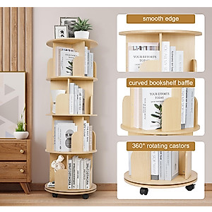 tonchean 4 Tier Rotating Bookshelf Tower,Wood Revolving Bookcase with Wheels Vertical Kids Toddler Bookshelf with Storage,Corner Display Bookshelf Rack for Library Study Office Living Room