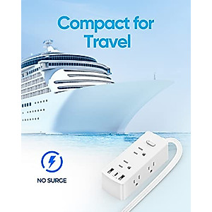 Flat Plug Power Strip - 6 Outlets 3 USB Ports (1 USB C) with 4.5ft Flat Extension Cord, Wall Mountable, Low Profile for Narrow Spaces in Kitchen Bedroom, Cruise Ship Travel Dorm Room Essentials