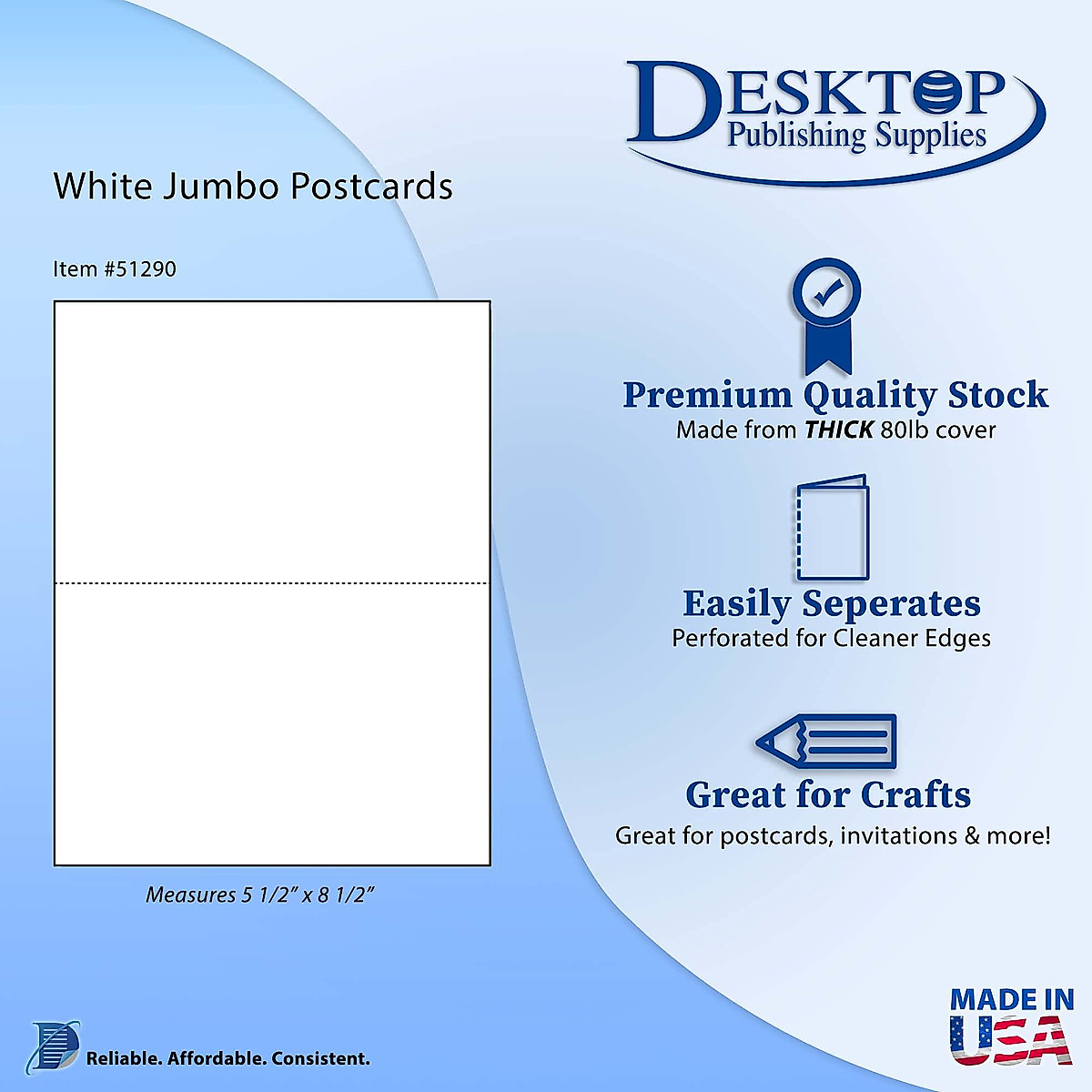 Heavyweight White Jumbo Postcards - 20 Sheets / 40 Postcards - Inkjet/Laser Compatible - Sturdy 80lb Cover - 2 per page Breaks to 5 1/2" x 8 1/2"