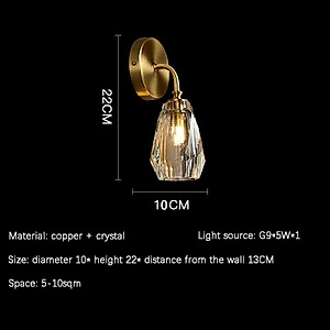 HOBIBA Reading Light Copper Wall Sconce, K9 Crystal Shade Wall Lamp, Bedside G9 Wall Lighting Adjustable Cord Wall Lights for Bedroom Hallway Bathroom (Size:A)