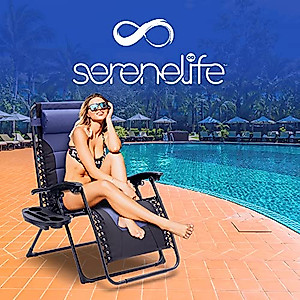 SereneLife Foldable Outdoor Zero Gravity Padded Lawn Chair, Adjustable Steel Mesh Recliners, w/Removable Pillows and Cup Holder Side Tables, One Size, Blue and Black