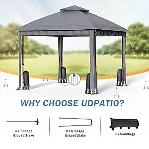 UDPATIO 11x11 Pop Up Gazebo Canopy Tent, Patio Outdoor Gazebo Tent with Mosquito Netting Outdoor Canopies for Shade and Rain for Lawn, Garden, Backyard and Deck, Grey