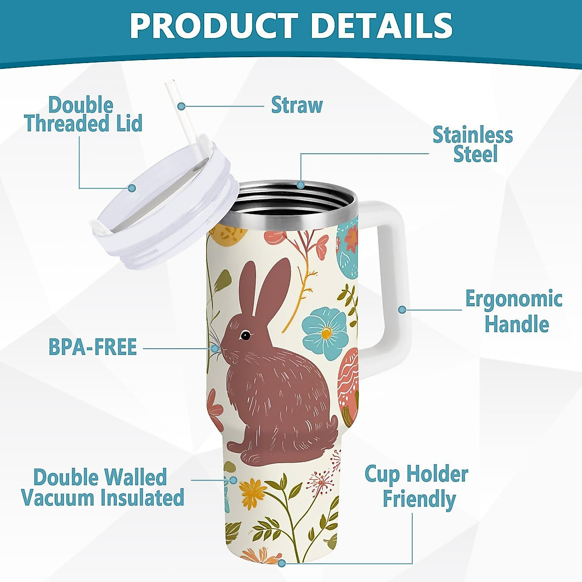 RPLIFE Easter with Bunnies and Flowers 40oz Tumbler with Handle, Stainless Steel Tumbler with Straw, Tumblers for Women