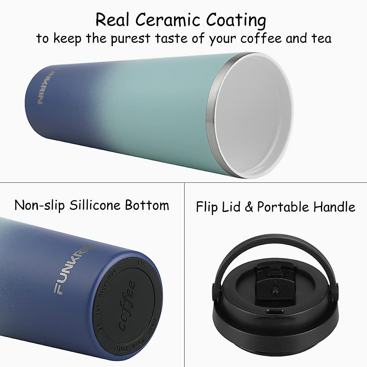 Funkrin Insulated Coffee Mug with Ceramic Coating, 22oz Iced Coffee Tumbler Cup with Flip Lid and Handle, Double Wall Vacuum Leak-Proof Thermos Mug for Travel Office School Party Camping
