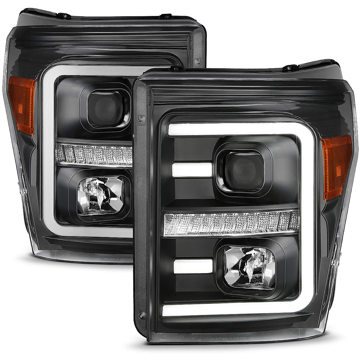 AmeriLite Replacement Headlights for 2011-2016 Ford F250/350/450 Super Duty Switchback LED Tube Projector Black Assembly Set - Passenger and Driver Side