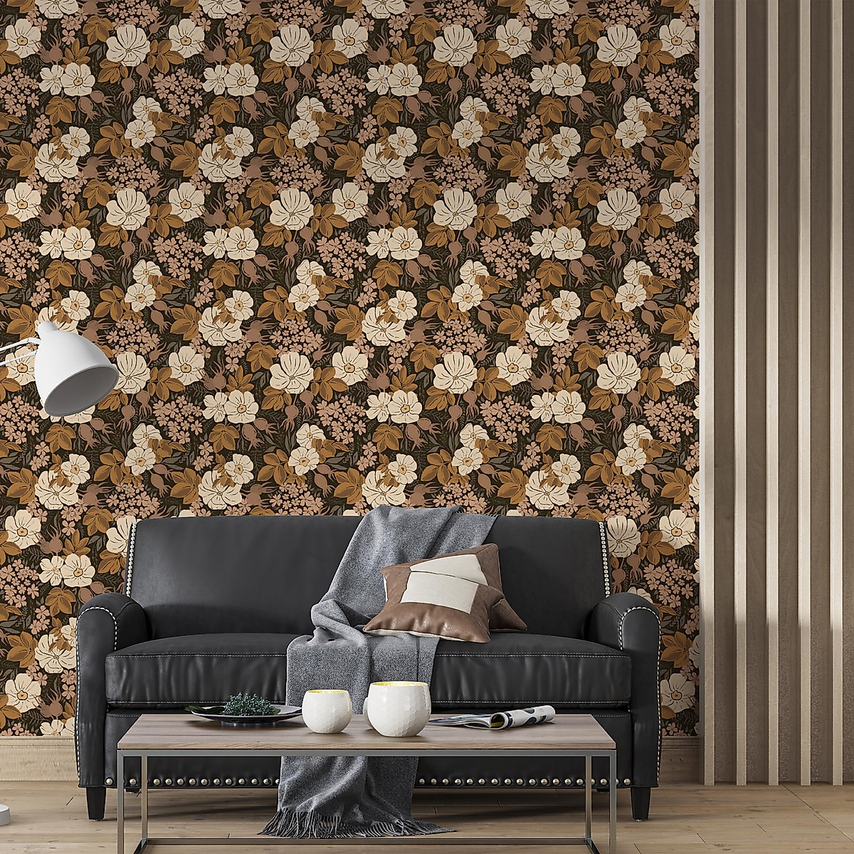 UniGoos Beige Flowers Peel and Stick Wallpaper Brown Leaves Temporary Wall Paper Roll Modern Self Adhesive Contact Paper for Cabinet Kids Room DIY Decor 17.7" x 118.1"