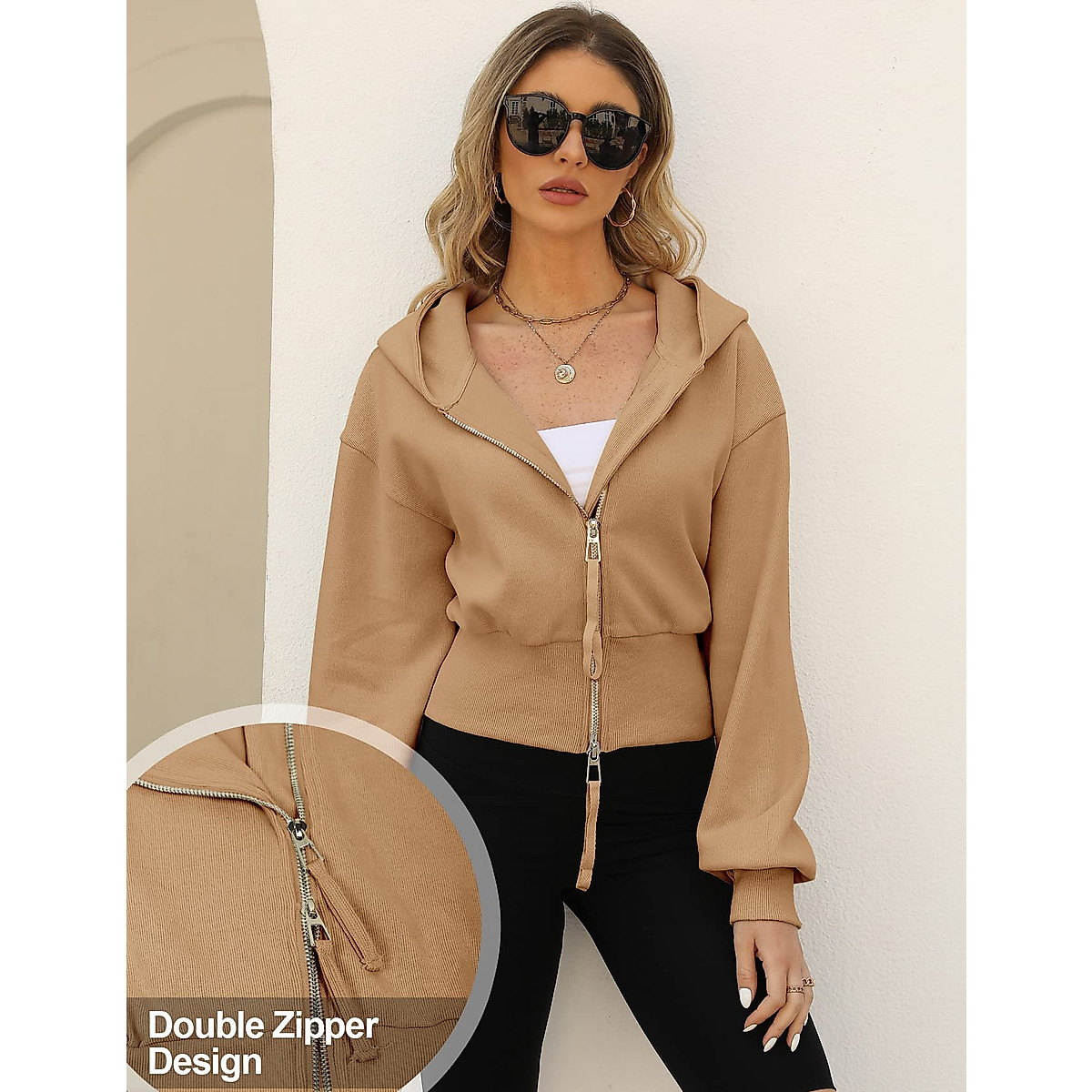 Arssm Cropped Hoodie Women Long Sleeve Sweatshirts Casual Fashion Hooded Zip up Workout Jacket with Thumb Holes(Khaki-L)