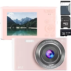 eDealz 44MP Digital Camera Compact Point and Shoot Camera with 32GB SD Card, 16X Digital Zoom, Kids Camera 2.4 Inch Screen, Vlogging Camera for Teens Students Boys Girls Seniors (Pink)