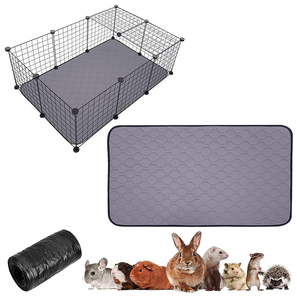 BNOSDM Guinea Pig Cage Liner Set Large Washable Hamster Fleece Bedding 55.1" x 39.3" Reusable Bunny Pee Pads with Garbage Bag Super Absorbent Small Animals Mats for Rabbits Chinchilla Hedgehog