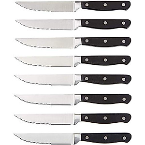 Amazon Basics Premium 8-Piece Kitchen Steak Knife Set, Black & Stainless Steel Dinner Spoons with Round Edge, Pack of 12