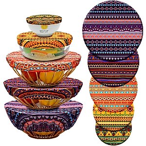 10 Pcs Bowl Covers Reusable in 5 Size Stretch Cloth Fabric Bowl Covers Elastic Food Storage Container Covers for Leftovers Bread Proofing Picnic Microwave (Geometry)
